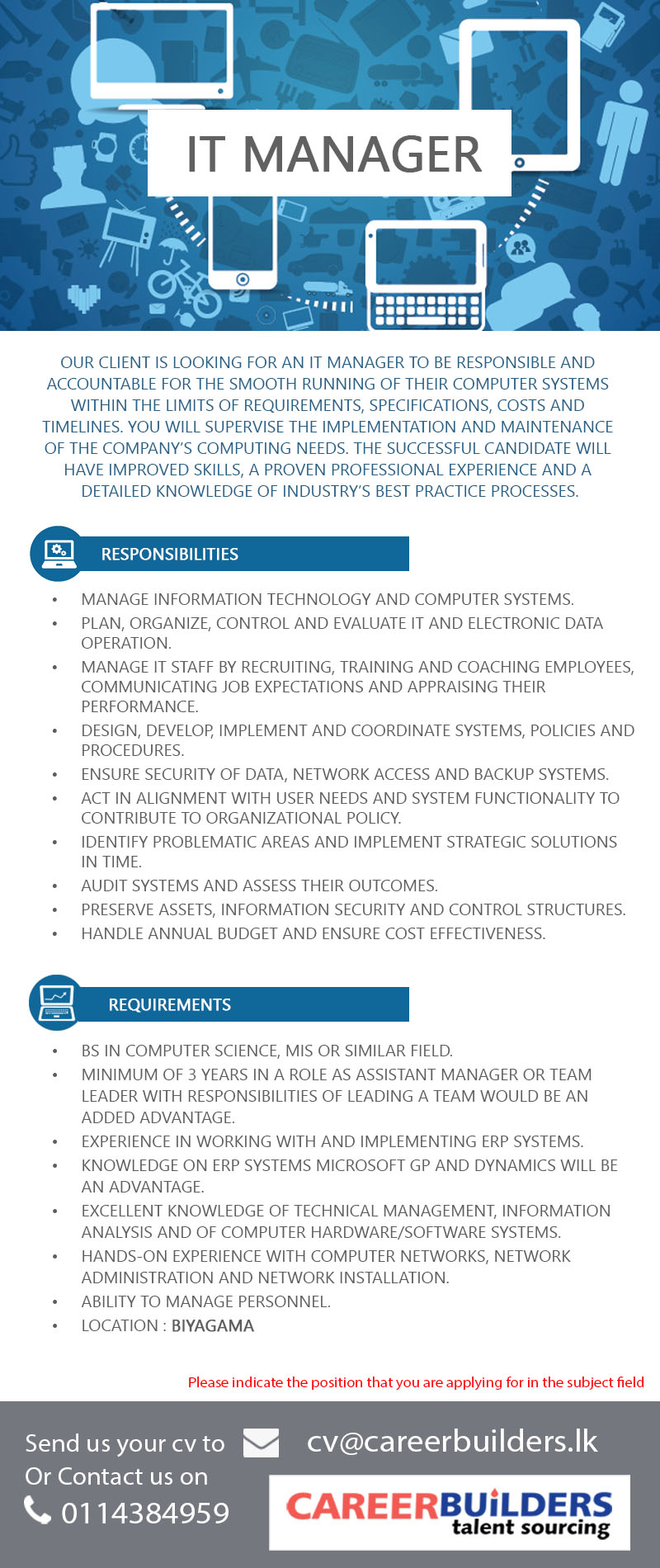 It Manager job vacancy at Career Builders (Pvt) Ltd | JobVacancies.lk