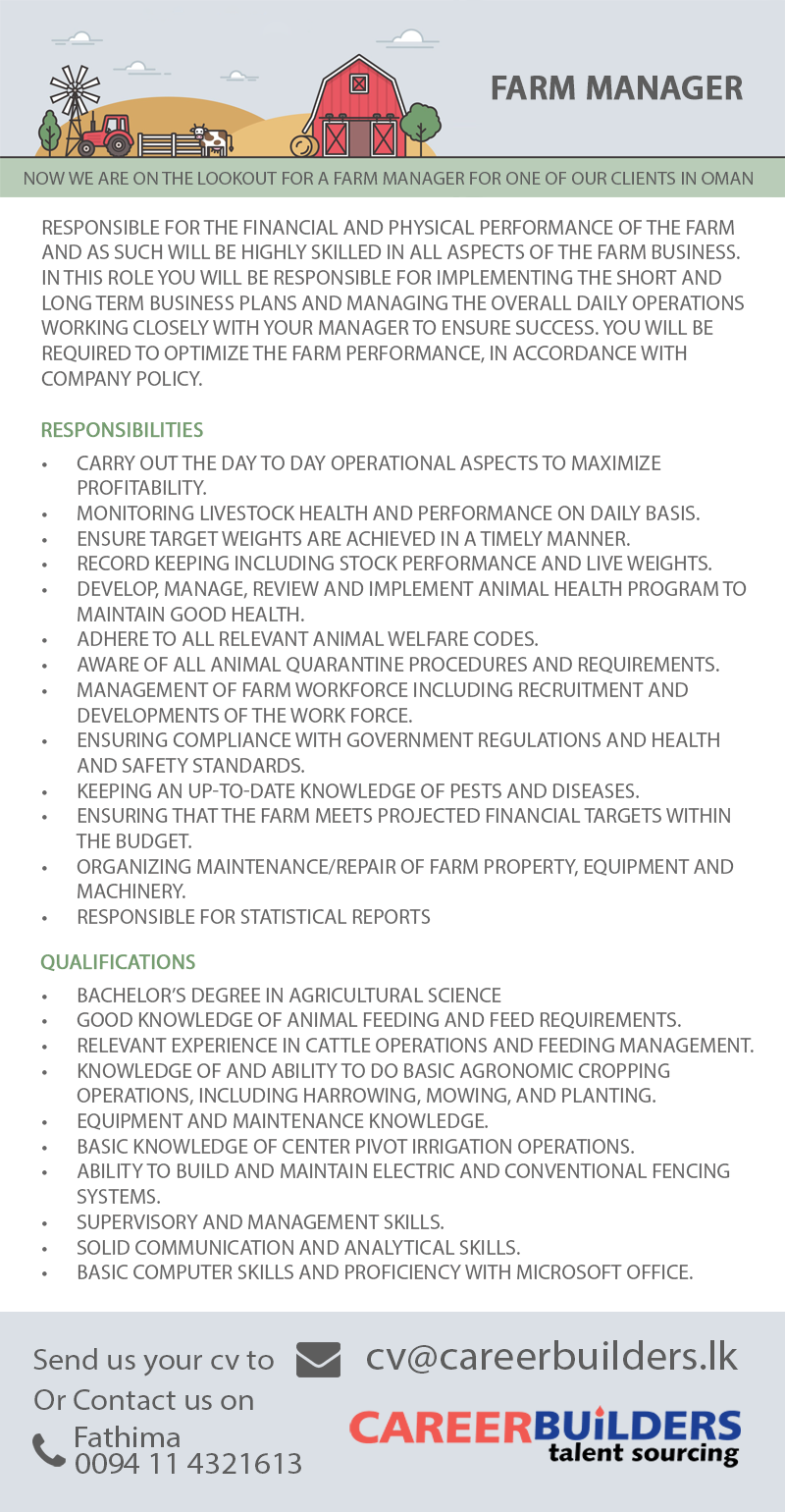 Farm Manager job vacancy at Career Builders (Pvt) Ltd | JobVacancies.lk