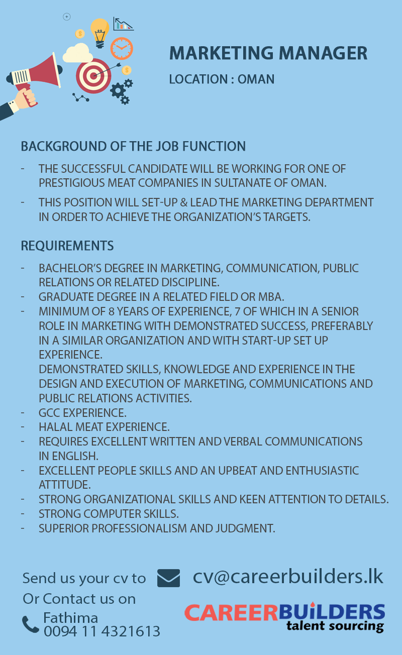 Marketing Manager job vacancy at Career Builders (Pvt) Ltd ...