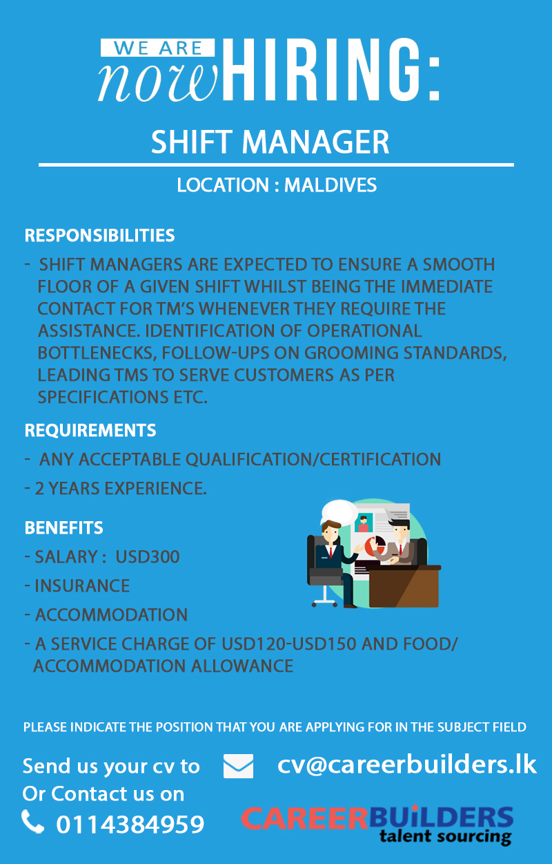 Shift Manager Job Vacancy At Career Builders Pvt Ltd JobVacancies lk