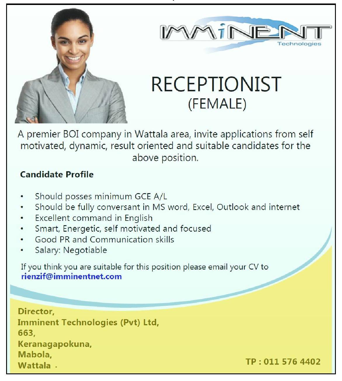 Receptionist Job Vacancy At Imminent Technologies JobVacancies lk