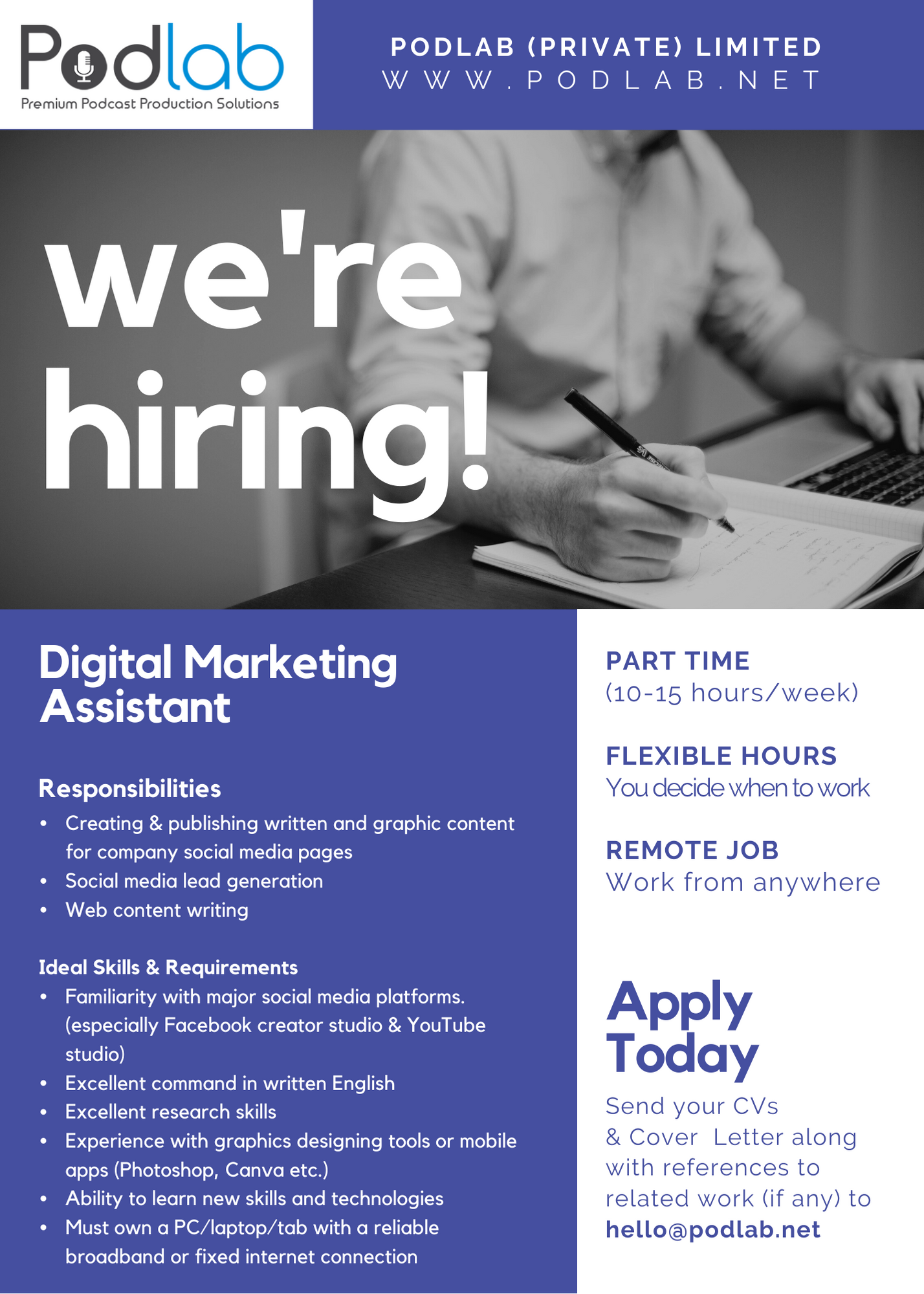 Digital Marketing Assistant Job Vacancy At PODLAB PRIVATE LIMITED